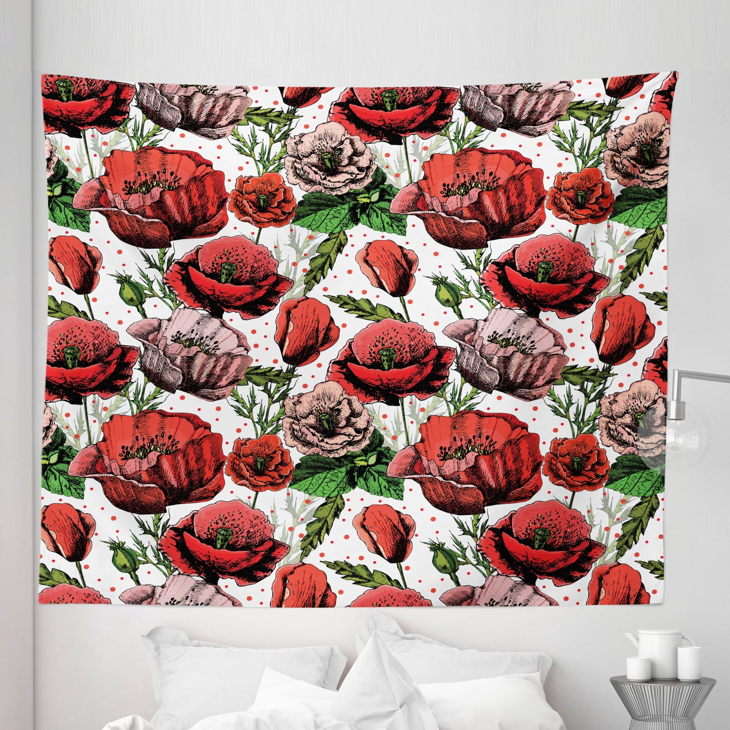 Poppy Flower Tapestry, Pattern with Colorful Poppy Flowers Polkadot ...