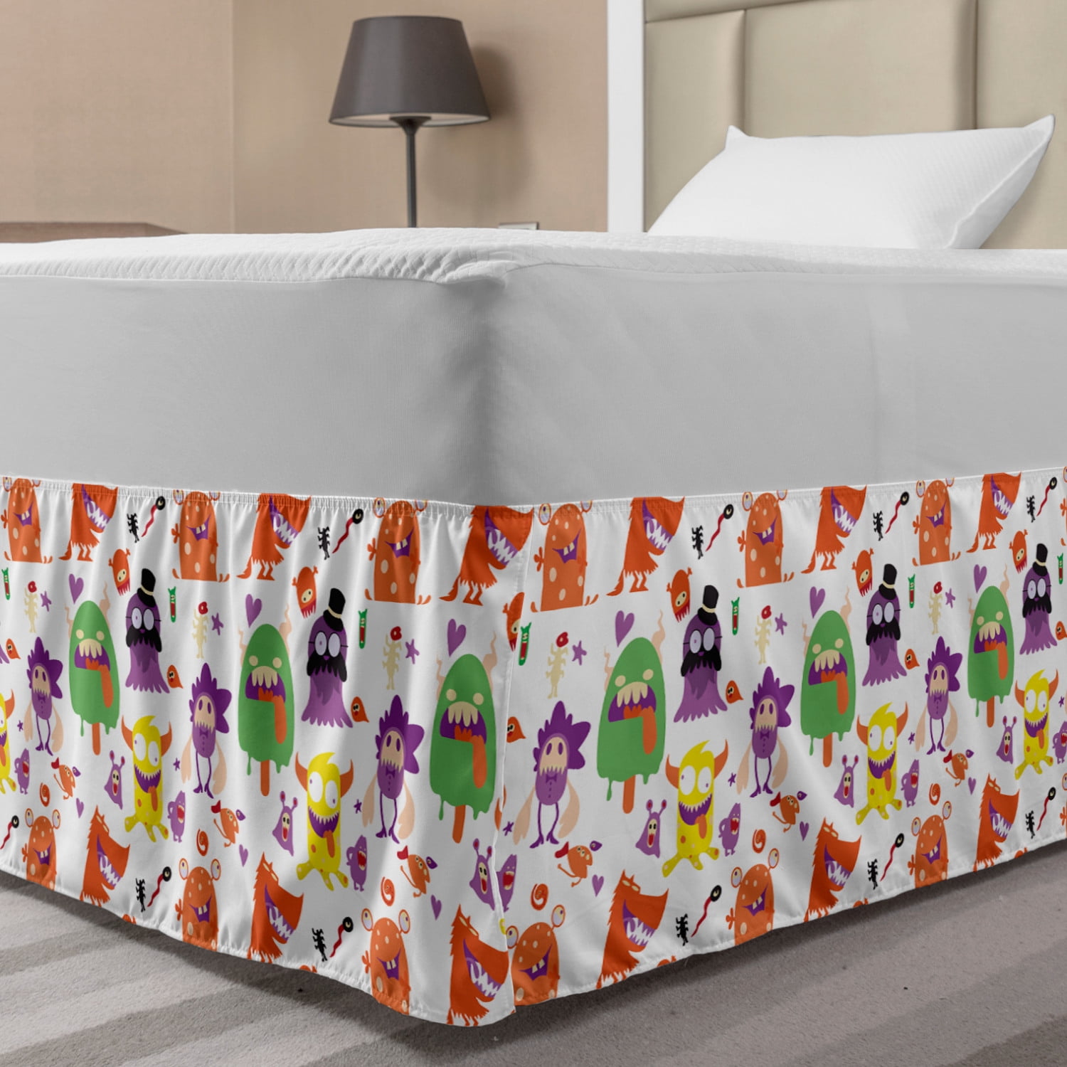 Alien Bed Skirt, Monsters Humorous Creatures Beings Colorful Cartoon ...