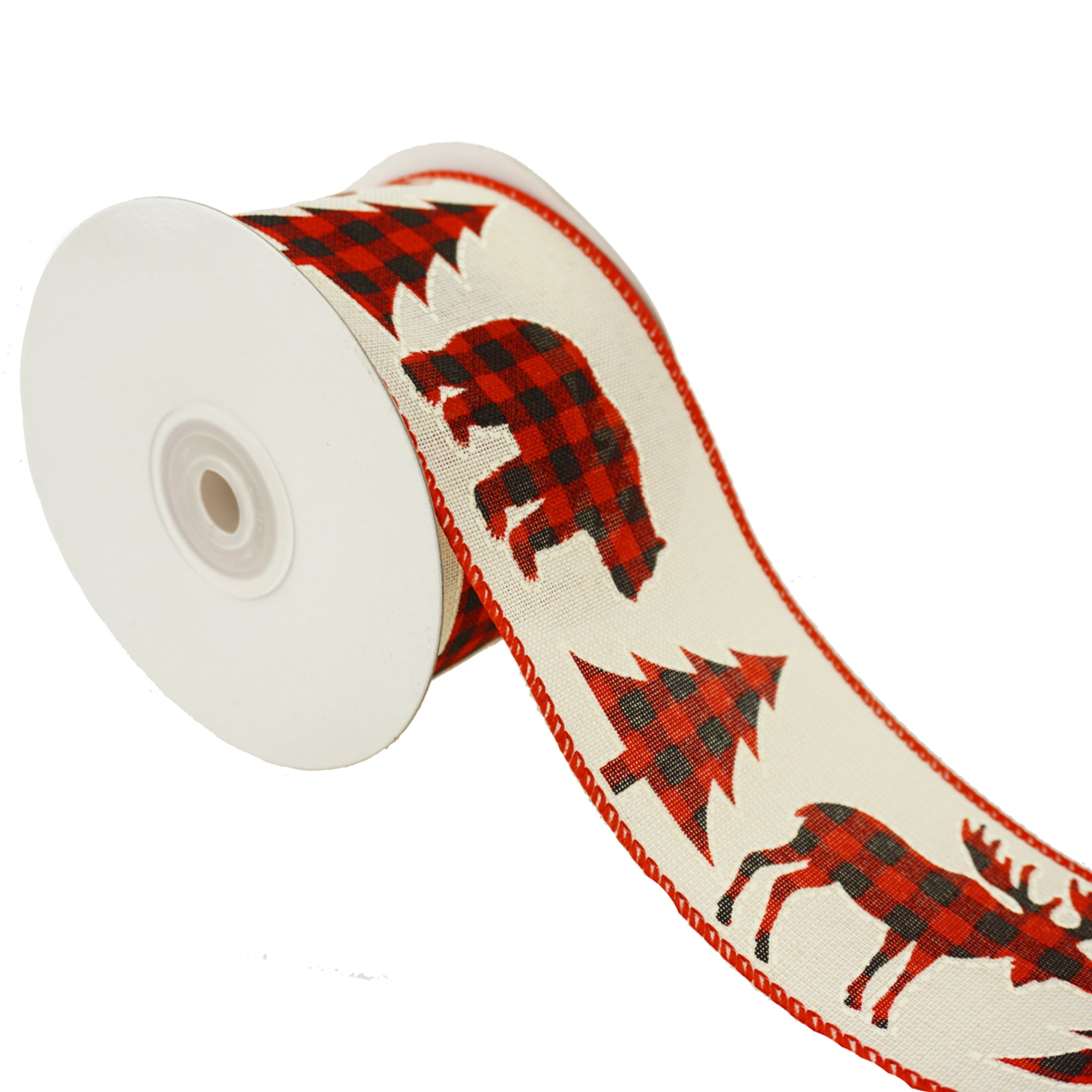 Holiday Cut Outs Buffalo Plaid Wired Christmas Ribbon, Bear Moose Tree ...