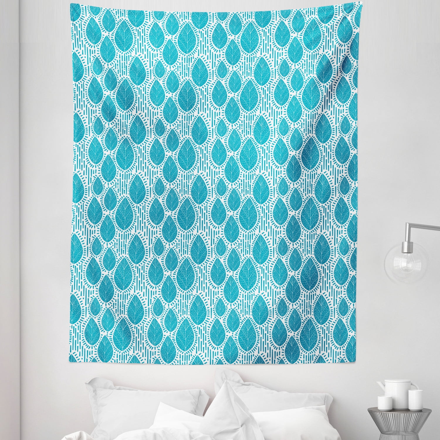 Blue and White Tapestry, Leaf Pattern with Stripes Grunge Illustration ...