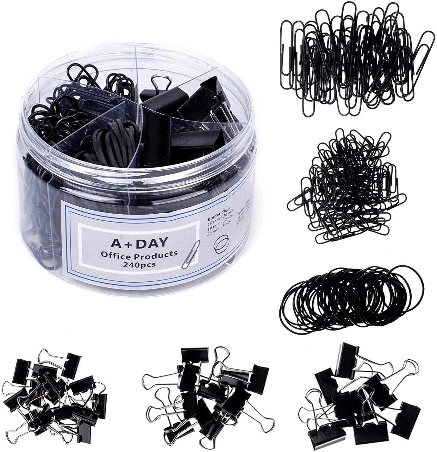 240 Pcs Binder Clips, Paper Clips, Rubber Bands, Paper Clamps Assorted ...