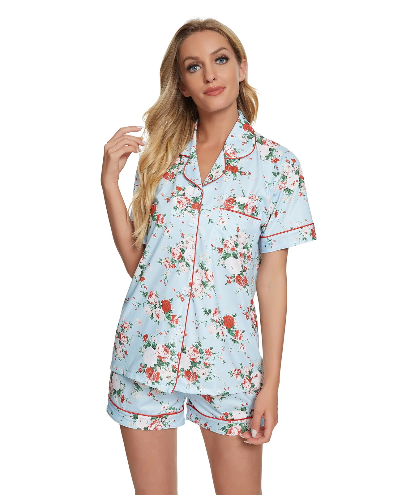 MintLimit Women's Pajamas Floral V-neck Button Down Short Sleeve Shirt ...