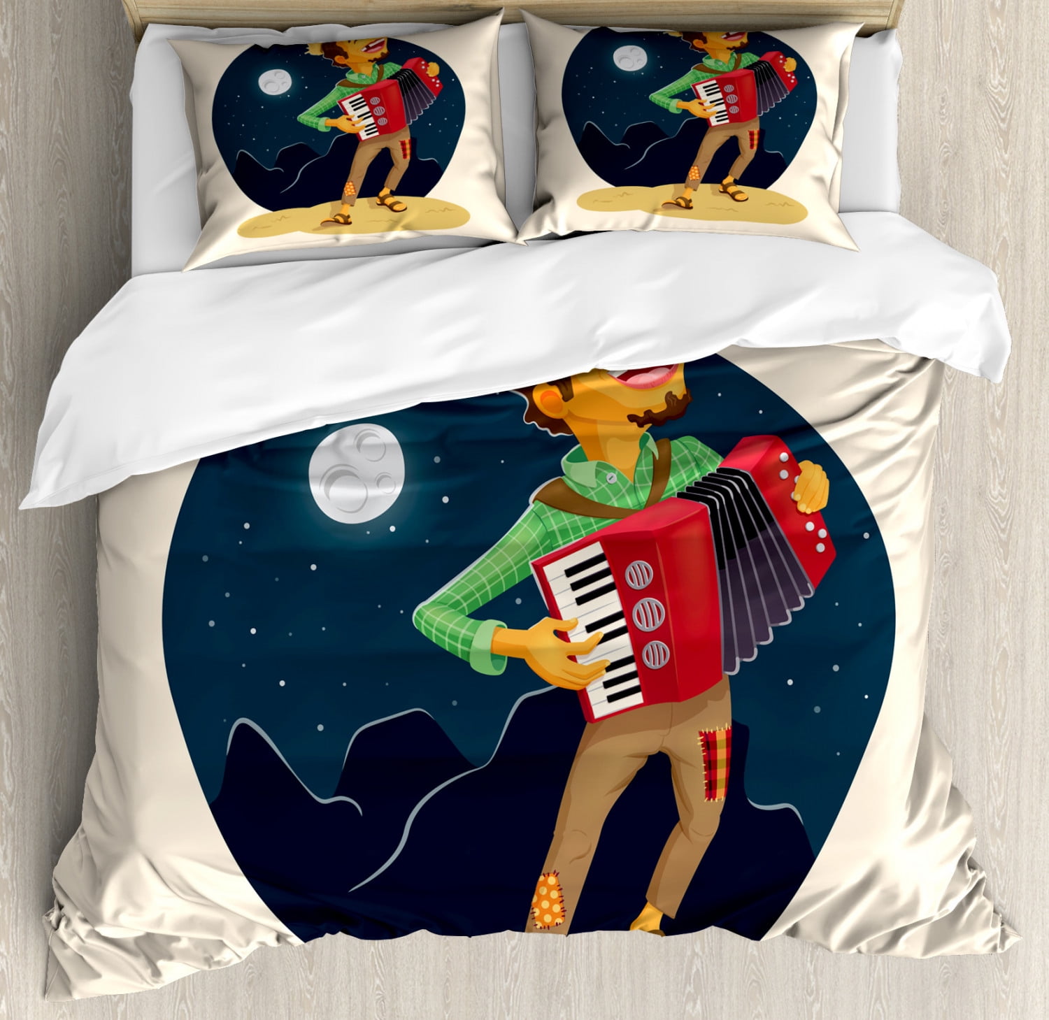 Music Queen Size Duvet Cover Set, Cheerful Poor Peasant with Plaid ...