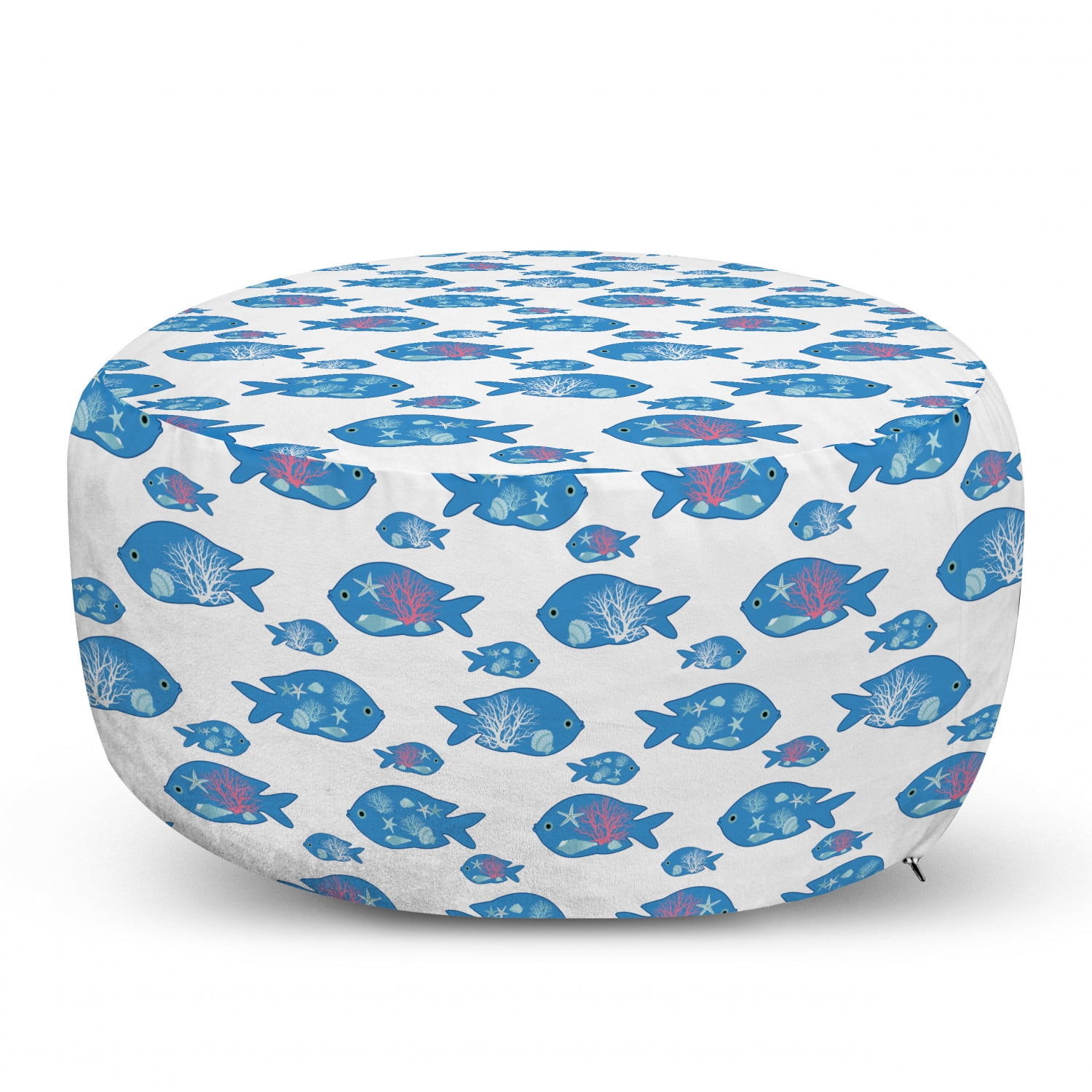 Nautical Pouf Cover with Zipper, Underwater Elements in Abstract Fish ...