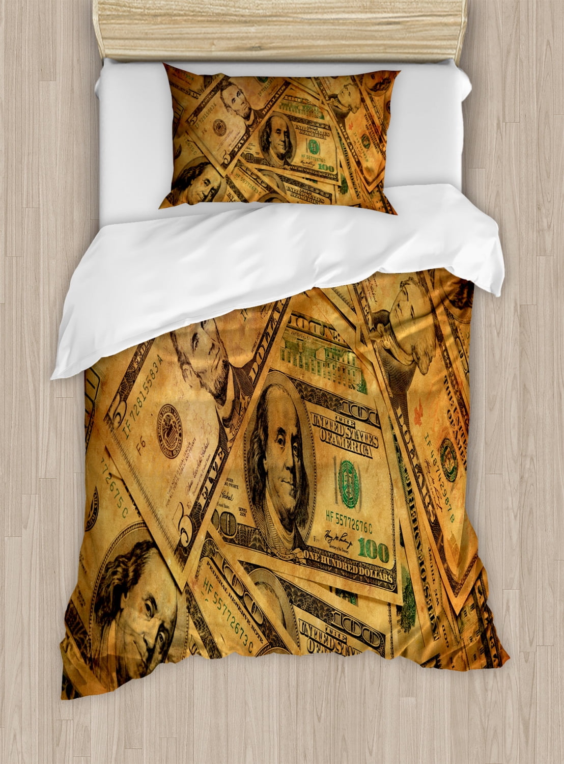 Money Twin Size Duvet Cover Set, Grunge Style Background with Fiver ...