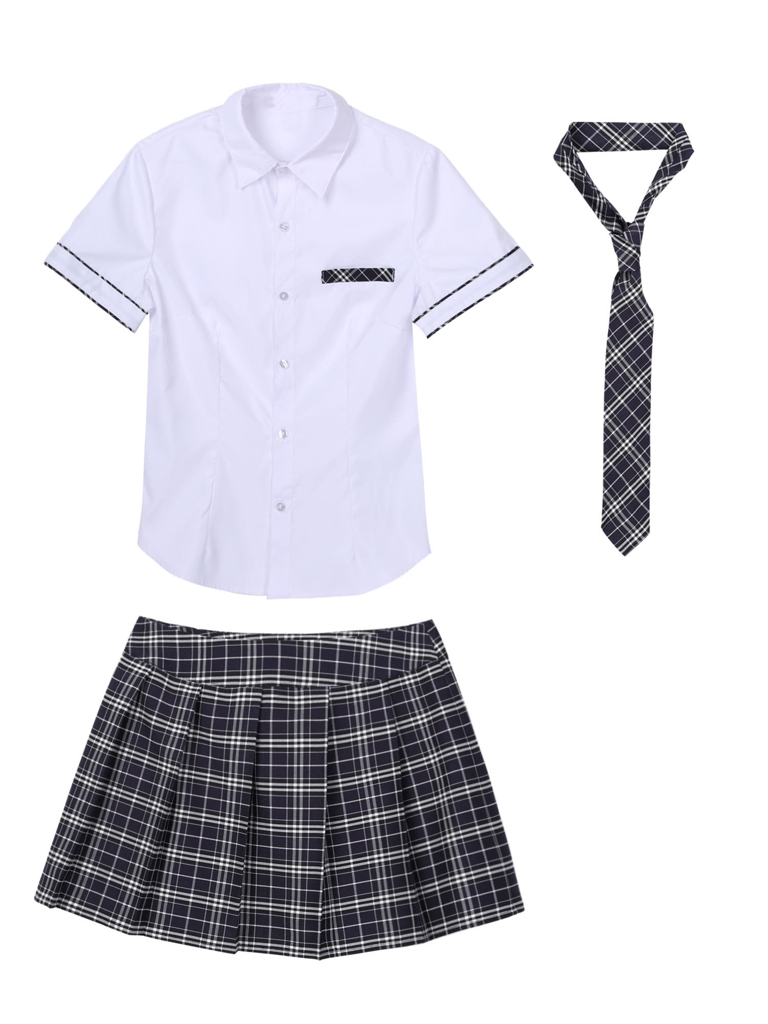 iEFiEL Women School Uniform Set Outfit Top Shirt with Plaid Mini Skirt ...