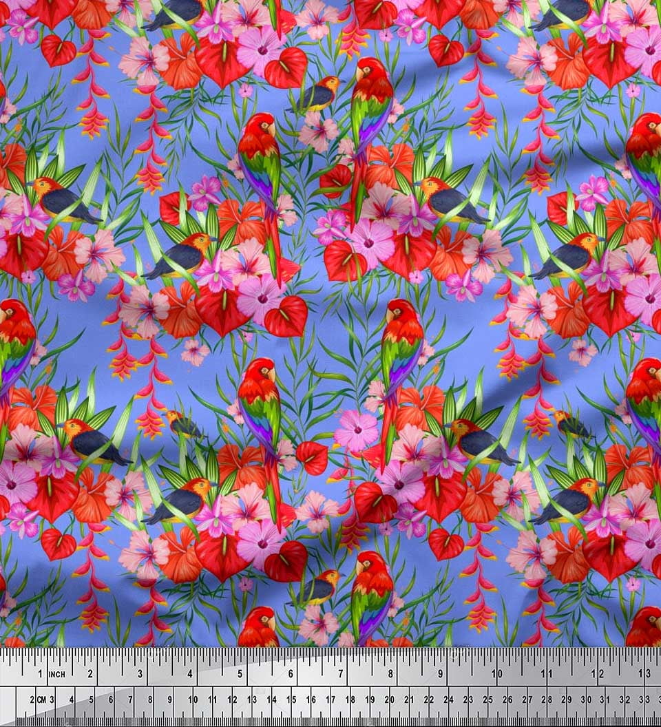 Soimoi Blue Satin Silk Fabric Laceleaf & Macaw Parrot Bird Print Fabric ...