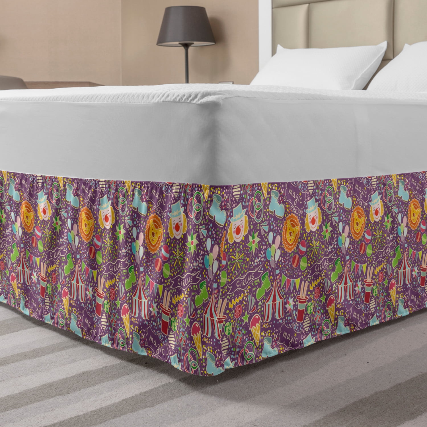 Circus Bed Skirt, Graphic Circus Composition of Clown Icecream Balloon ...