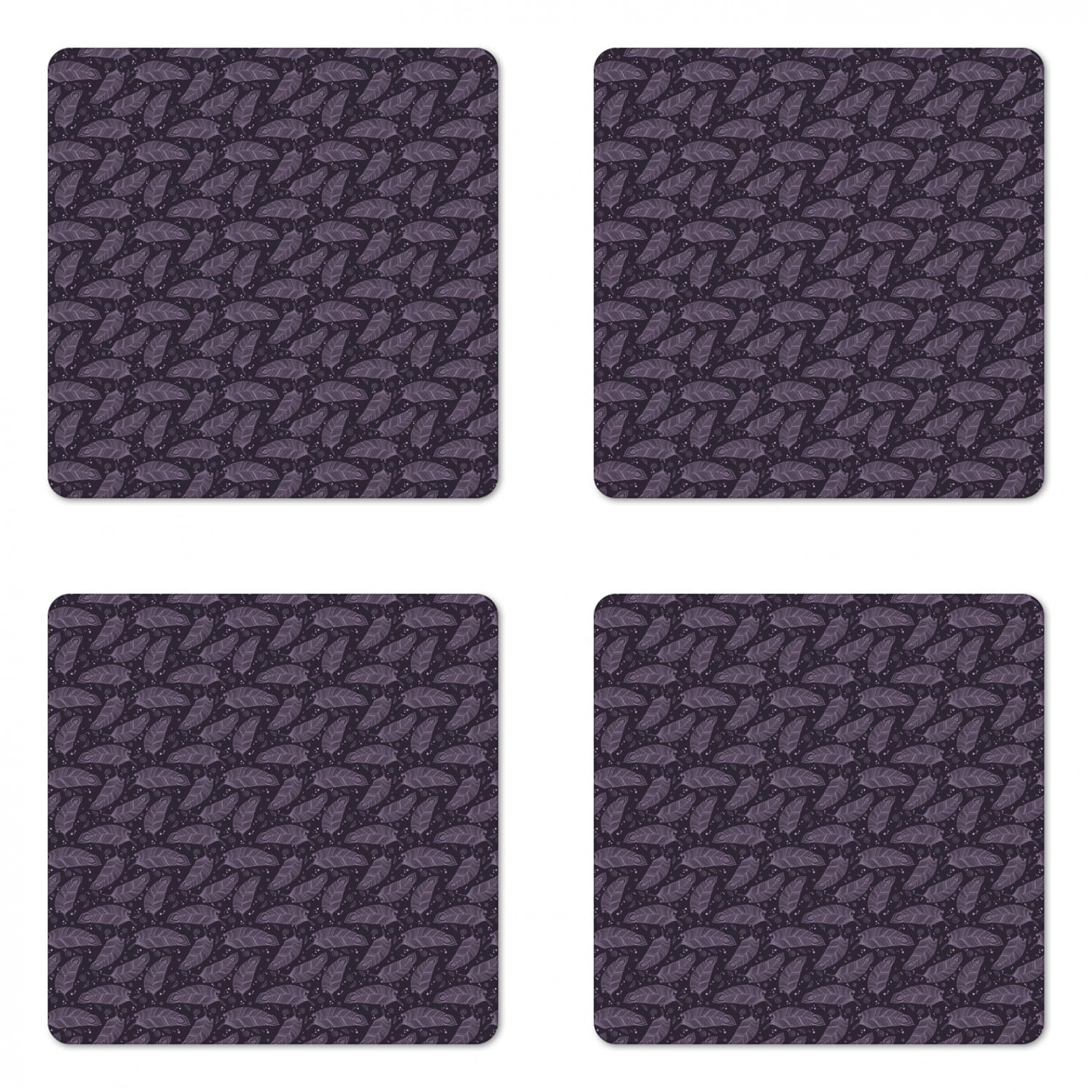 Feather Coaster Set of 4, Repetitive Zentangle Romantic Purple Tone Paisley Look Illustration ...