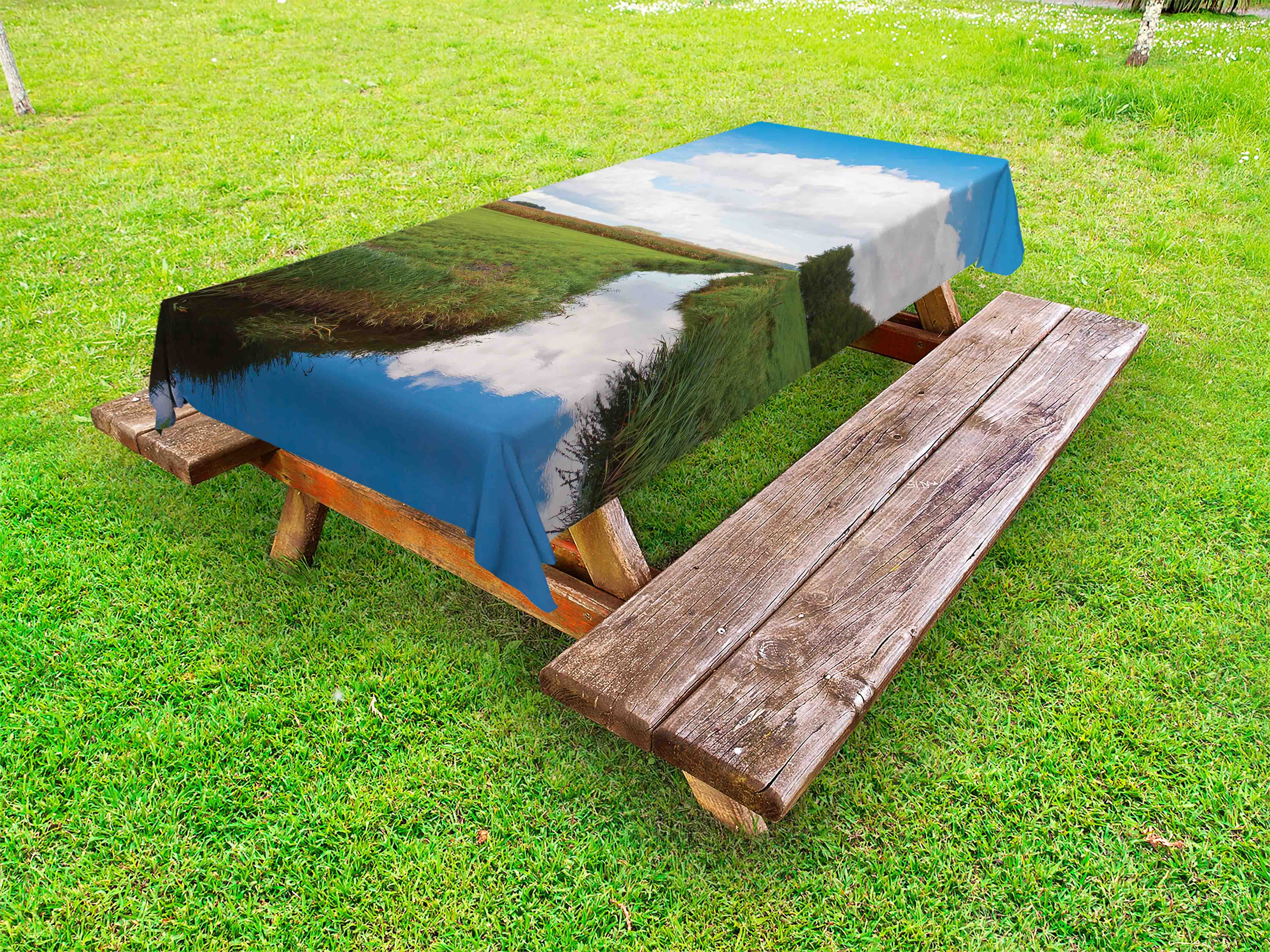 Landscape Outdoor Tablecloth, Reflective Calm River Scenery Meadow ...