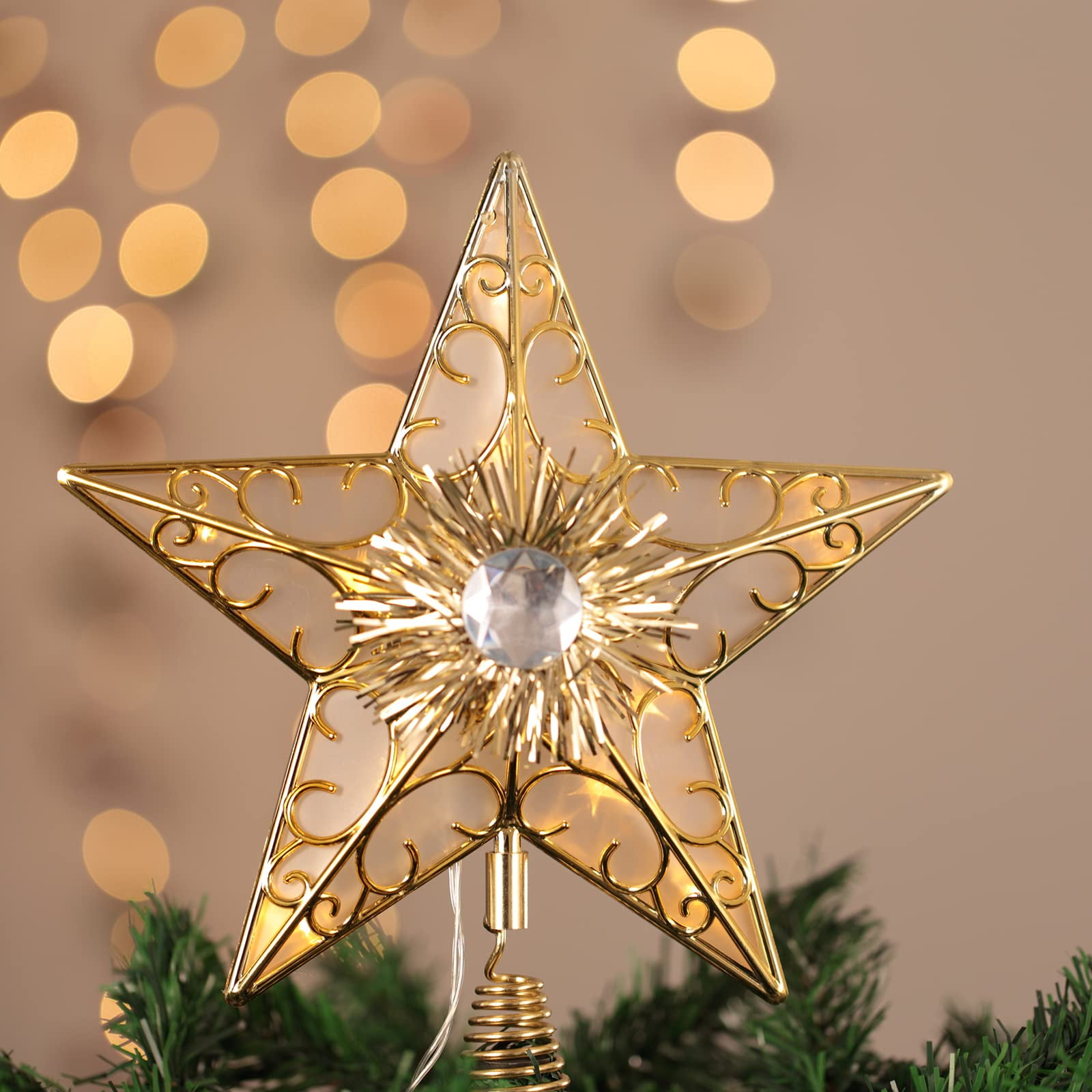 Christmas Star Tree Topper, Lighted Gold Star Treetop with 10 LED ...