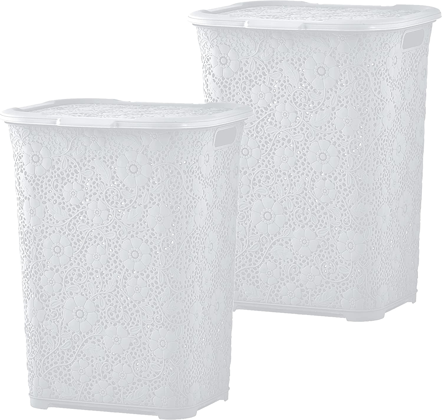 Superio 50L Large Lace Plastic Laundry Hamper with Lid - White Smoke (2 ...