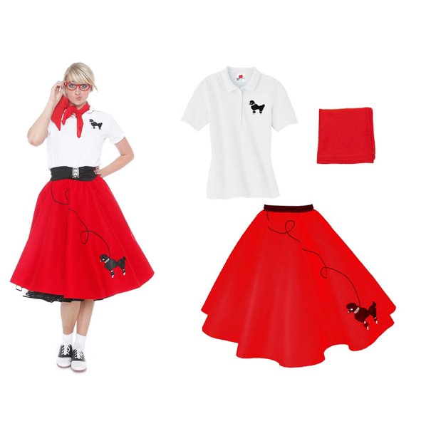 Adult 3 Pc 50s Poodle Skirt Outfit Red Small