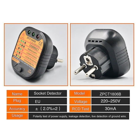 Zpct1806b Outlet Socket Tester Detector Circuit Polarity Voltage Plug ...