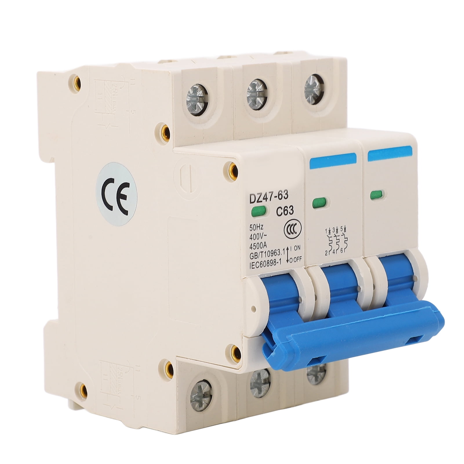 3P Miniature Circuit Breaker DIN Rail Mount Overload Protection Switch AC 400V 50Hz 63A | Bodega ...