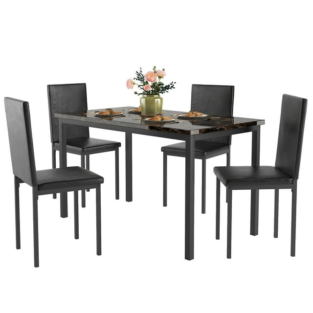 Black Dining Table Set for 4, 5 Piece Dining Table Sets with PU Leather ...