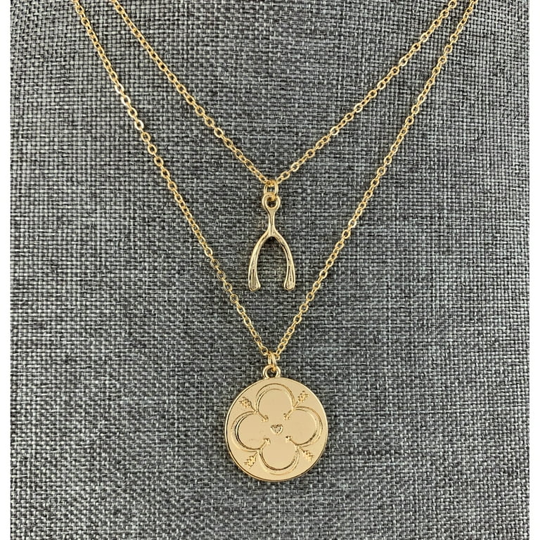 Pendant Irish Half Penny Coin Necklace Double Strand 18 16 Inch Cable Chain Goldtone Bezel Ornamental Bird Reverse Side