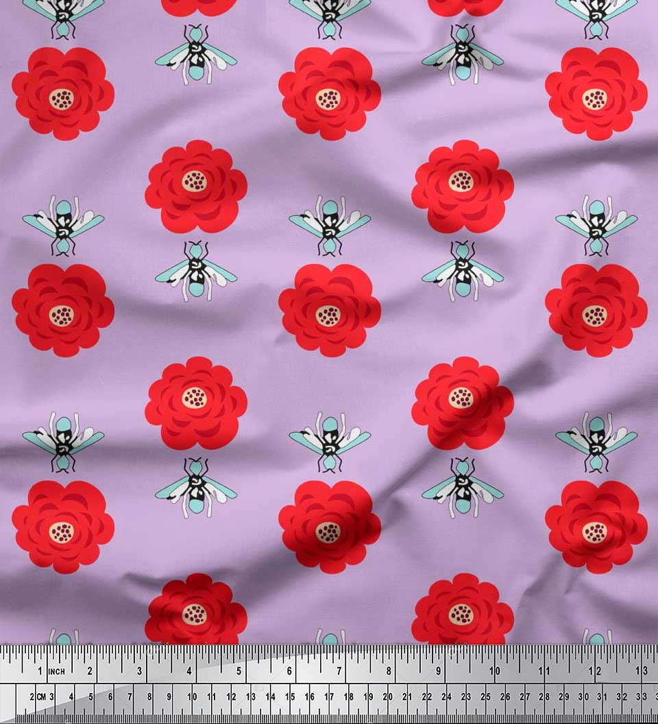 Soimoi Crepe Silk Fabric Floral & Bee Insects Print Fabric by Yard 42 ...