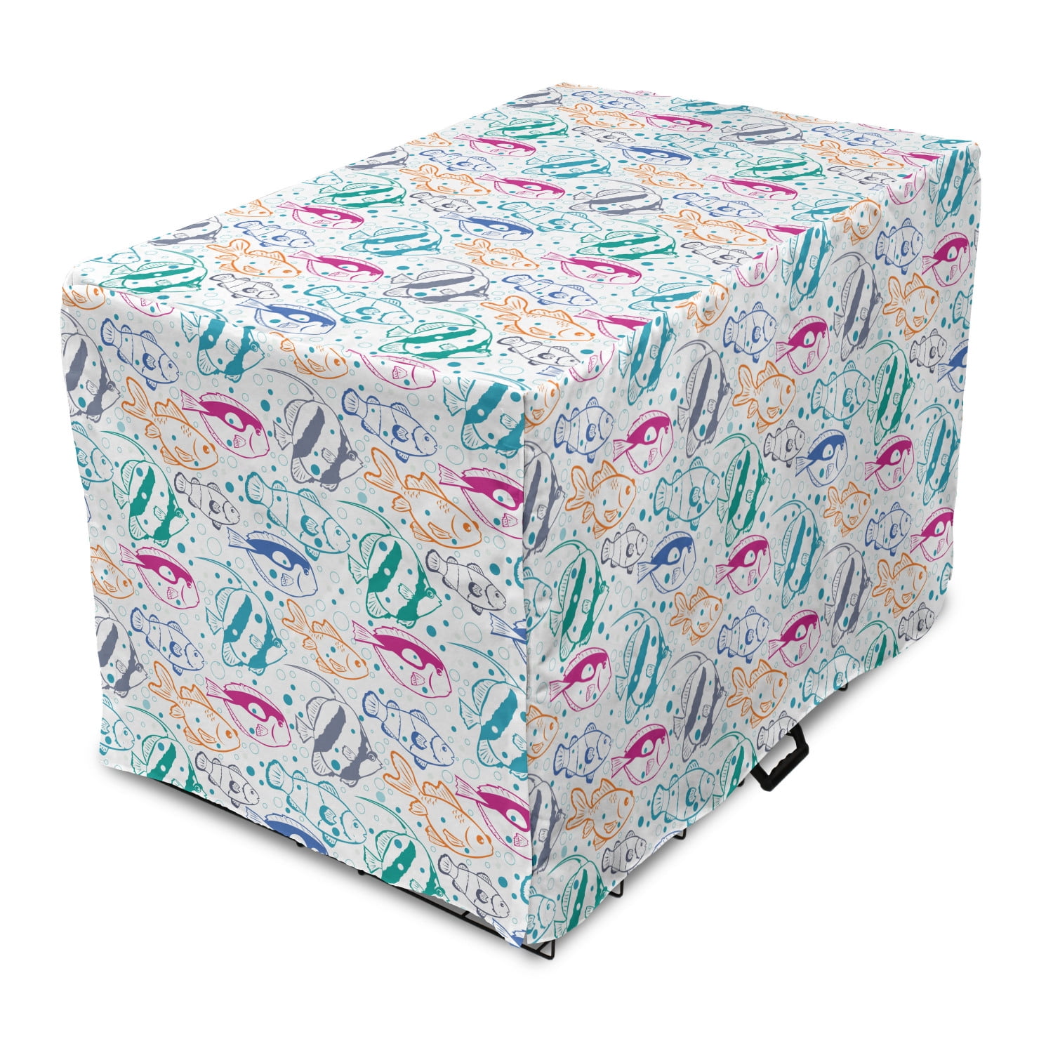 Fish Dog Crate Cover, Marine Design Ocean Animals Underwater Hand-Drawn ...
