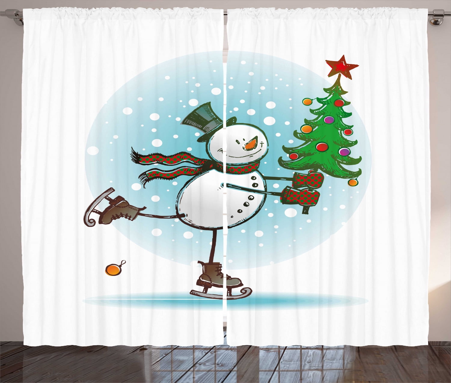 Snowman Curtains 2 Panels Set, Hand Drawn Style Skating Snowman with ...