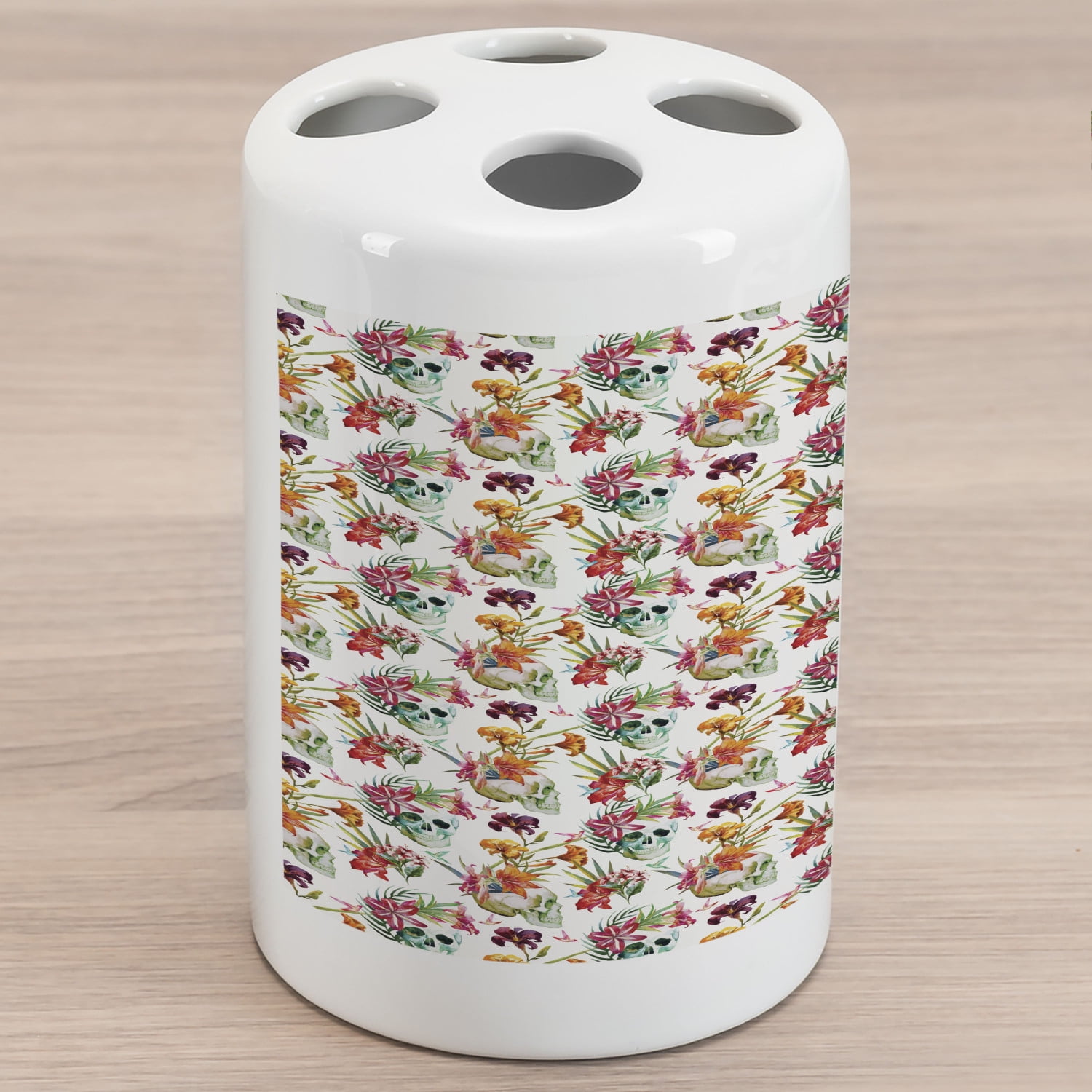 Skull Ceramic Toothbrush Holder, Lilies Tropical Flower Blooms Leaves ...