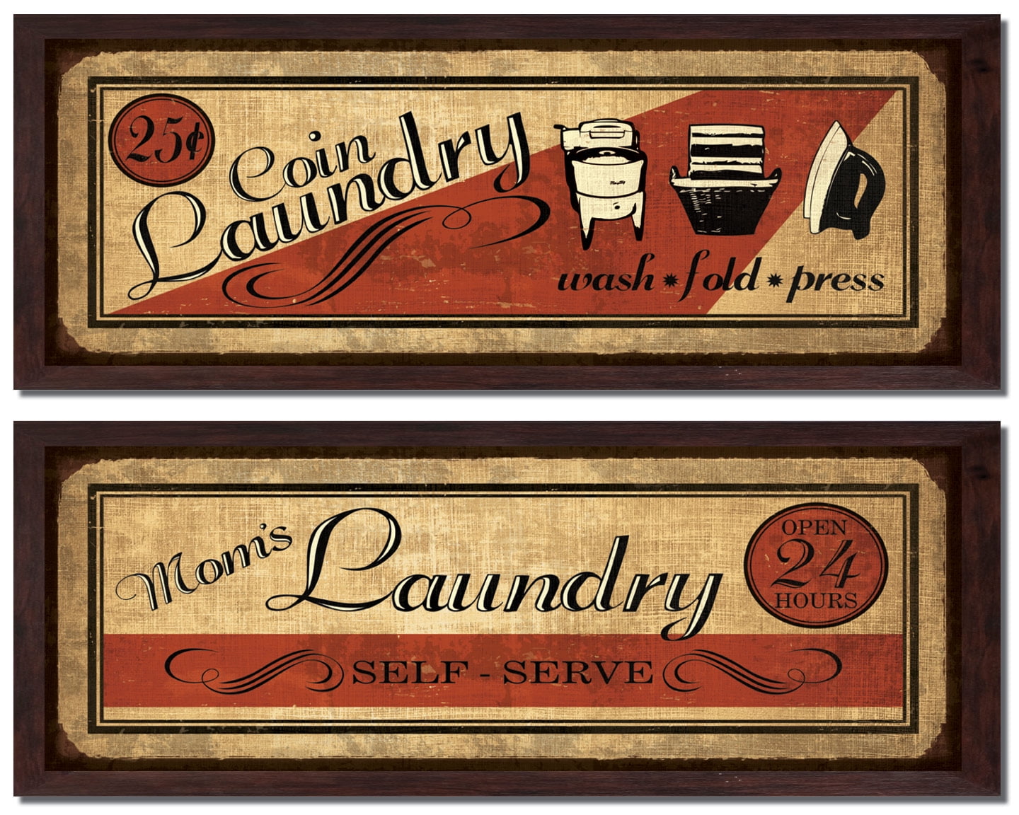 Mom's & Coin Laundry Signs; Wash, Fold, Press, Two 18X6 Brown Framed ...