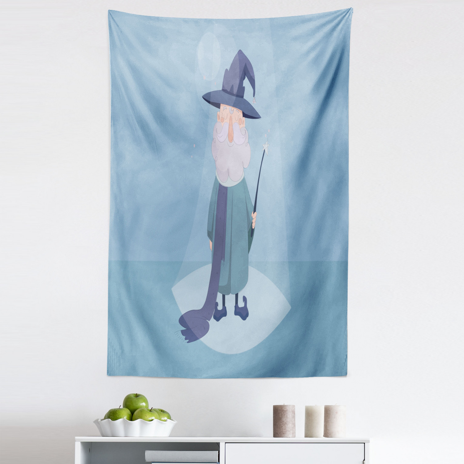 Wizard Tapestry, Wizard Holding a Magic Wand in His Hand and Smiling on ...