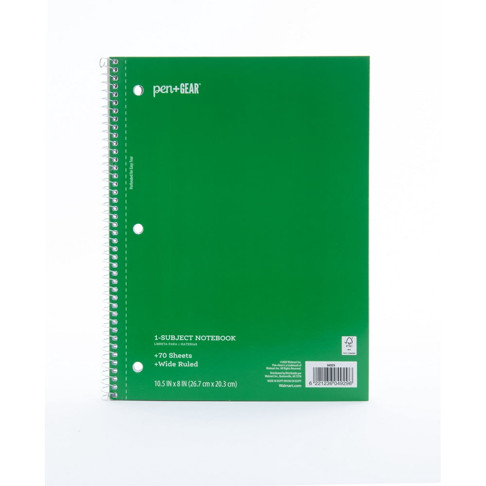 Pen + Gear 1-Subject Notebook, Wide Ruled, Green, 70 Sheets - Walmart ...