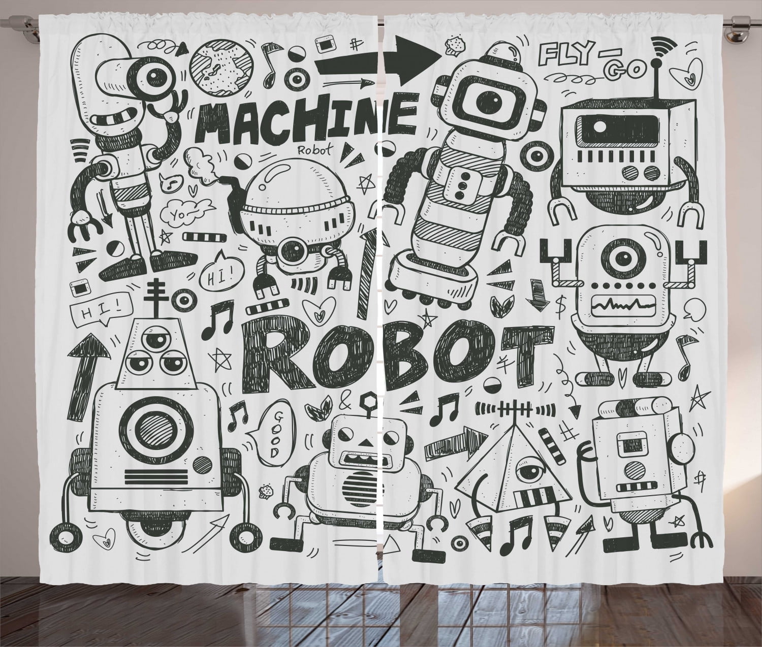 Robot Curtains 2 Panels Set, Futuristic Space Doodle Style Androids ...