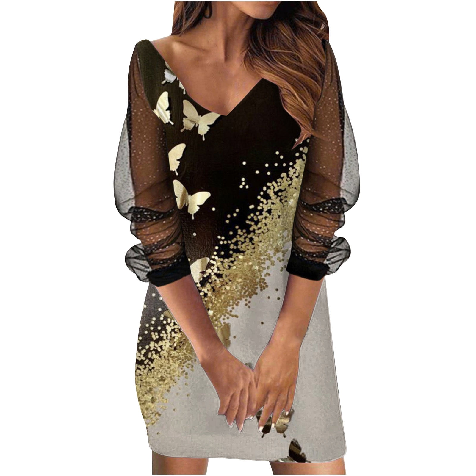 Holiday Dress for Women Party Night V Neck Sheer Mesh Long Sleeve Shift ...