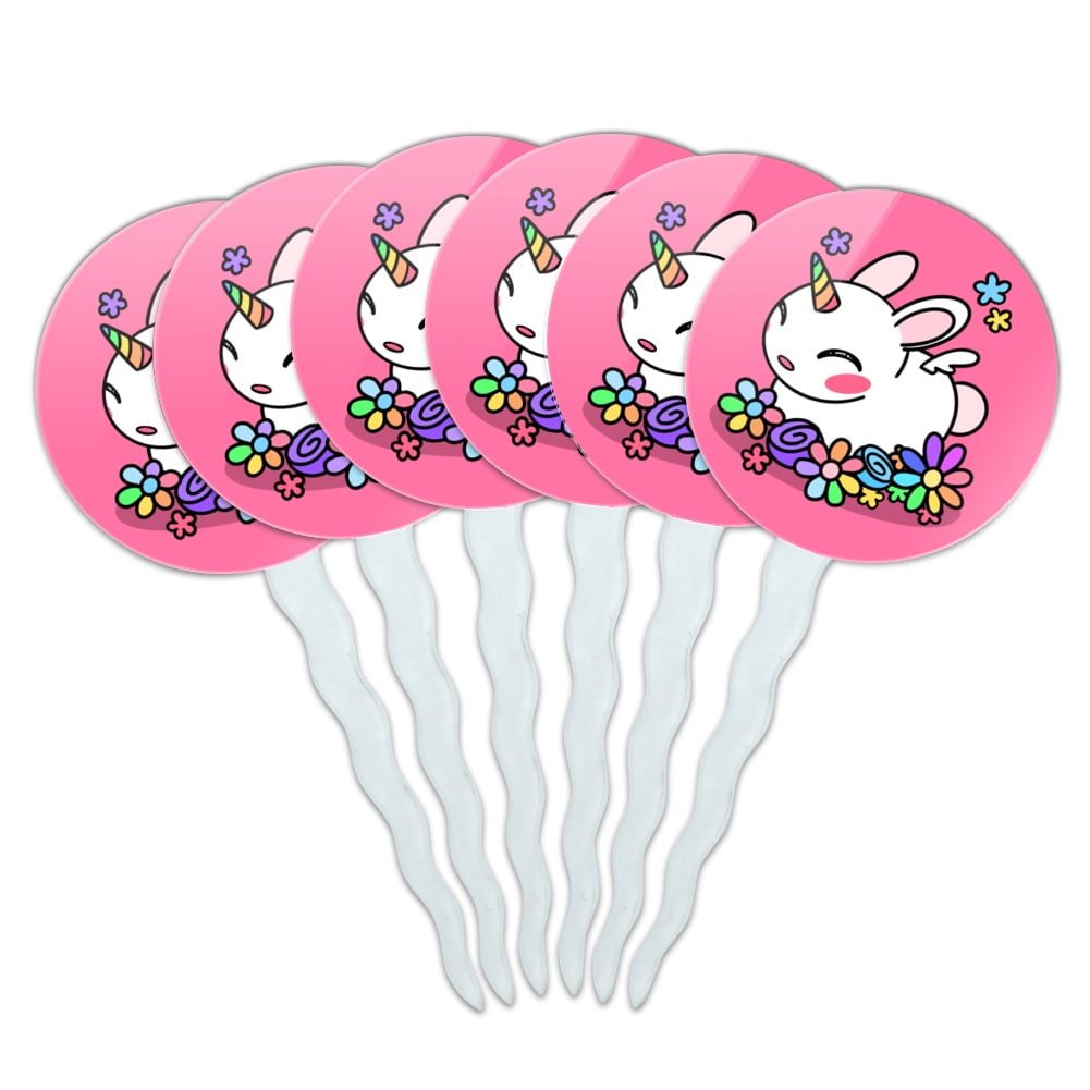 Cute Unicorn Bunny Rabbit with Rainbow Flowers Cupcake Picks Toppers ...