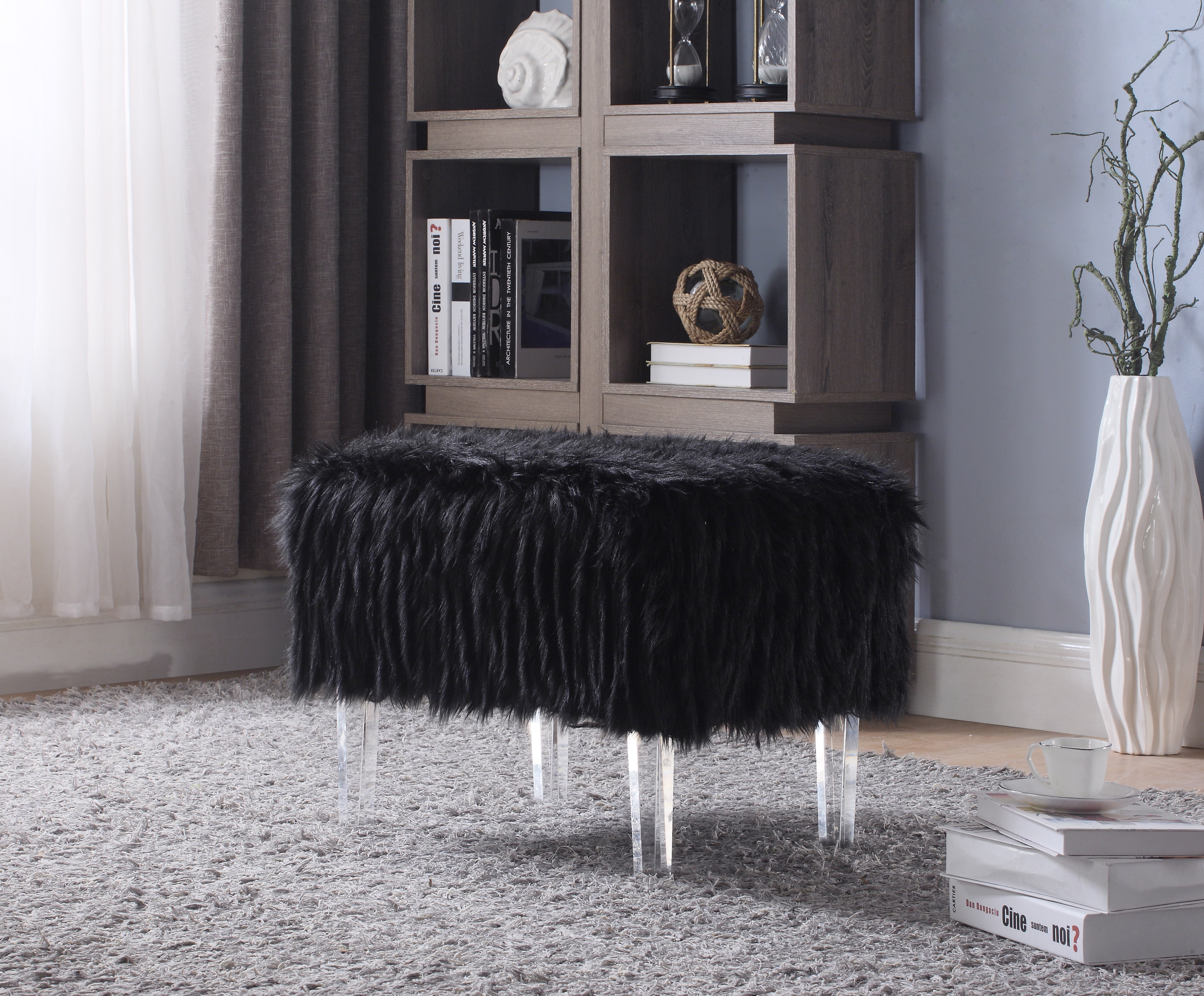 Chic Home Ricco Modern Contemporary Faux Fur Acrylic Leg Ottoman ...