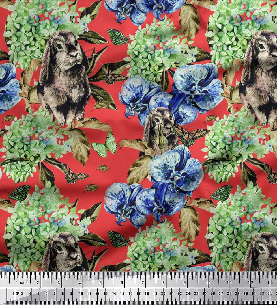 Soimoi Satin Silk Fabric Rabbit,Lilac & Pansy Floral Print Fabric by ...