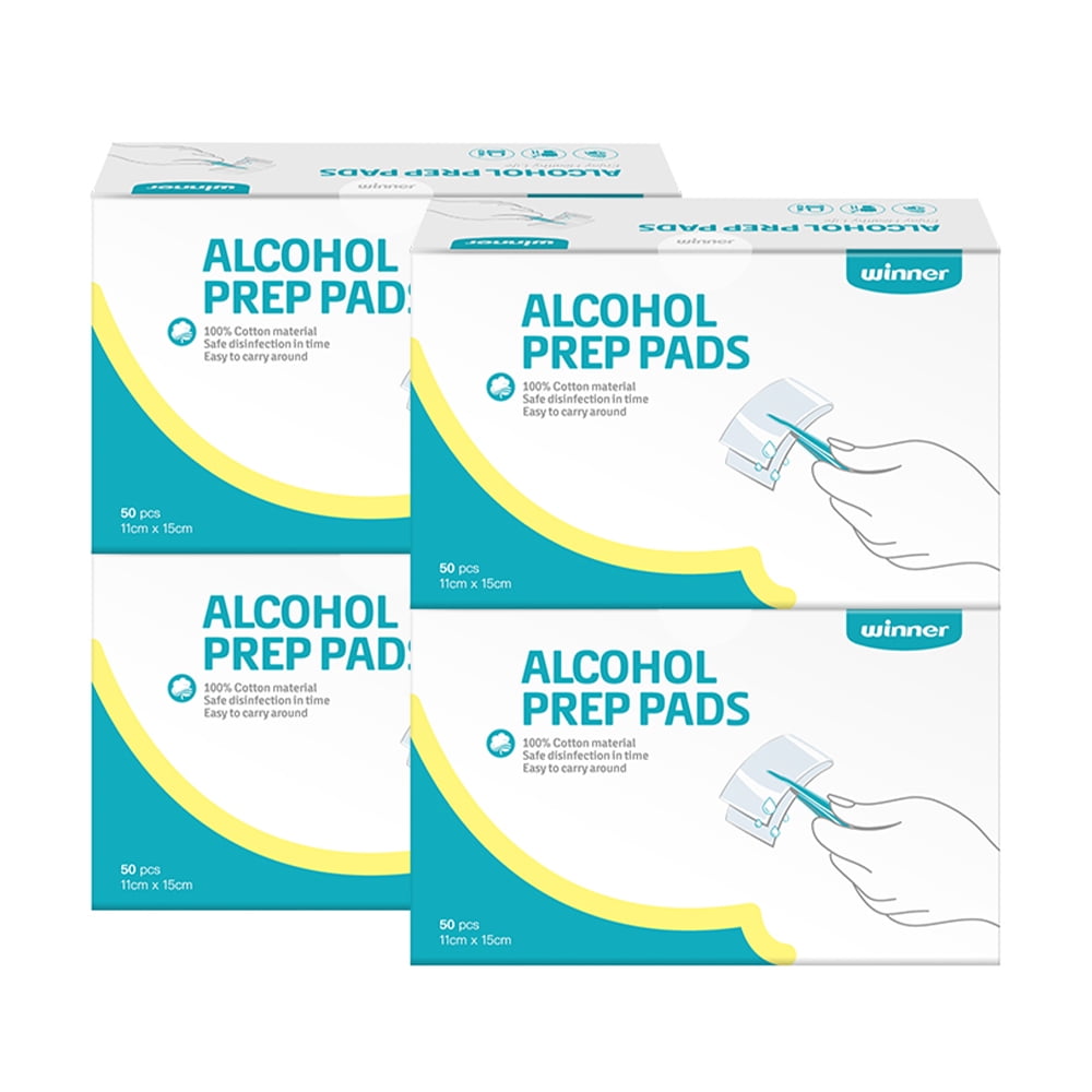 Winner Alcohol Prep Pads, 4-Ply Square Cotton Pads 200 Wipes (4.33” x 5 ...