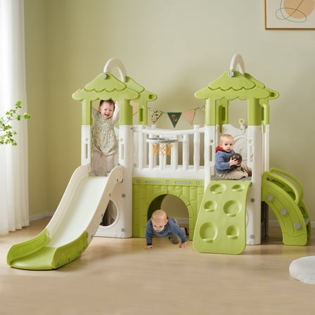 Gymax Foldable Toddler 2-Step Slide with Basketball Hoop, Easy Indoor ...