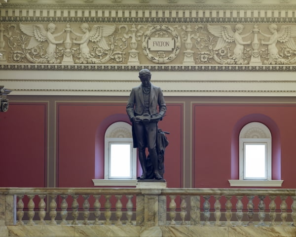 Print: Main Reading Room. Portrait Statue Of Fulton Along The ...