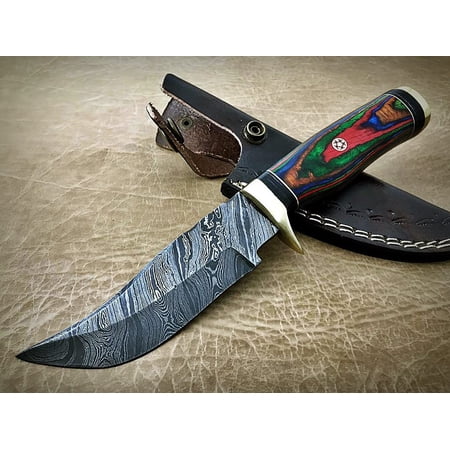 Damascus steel fixed blade knife with Leather sheath, Multi color round ...