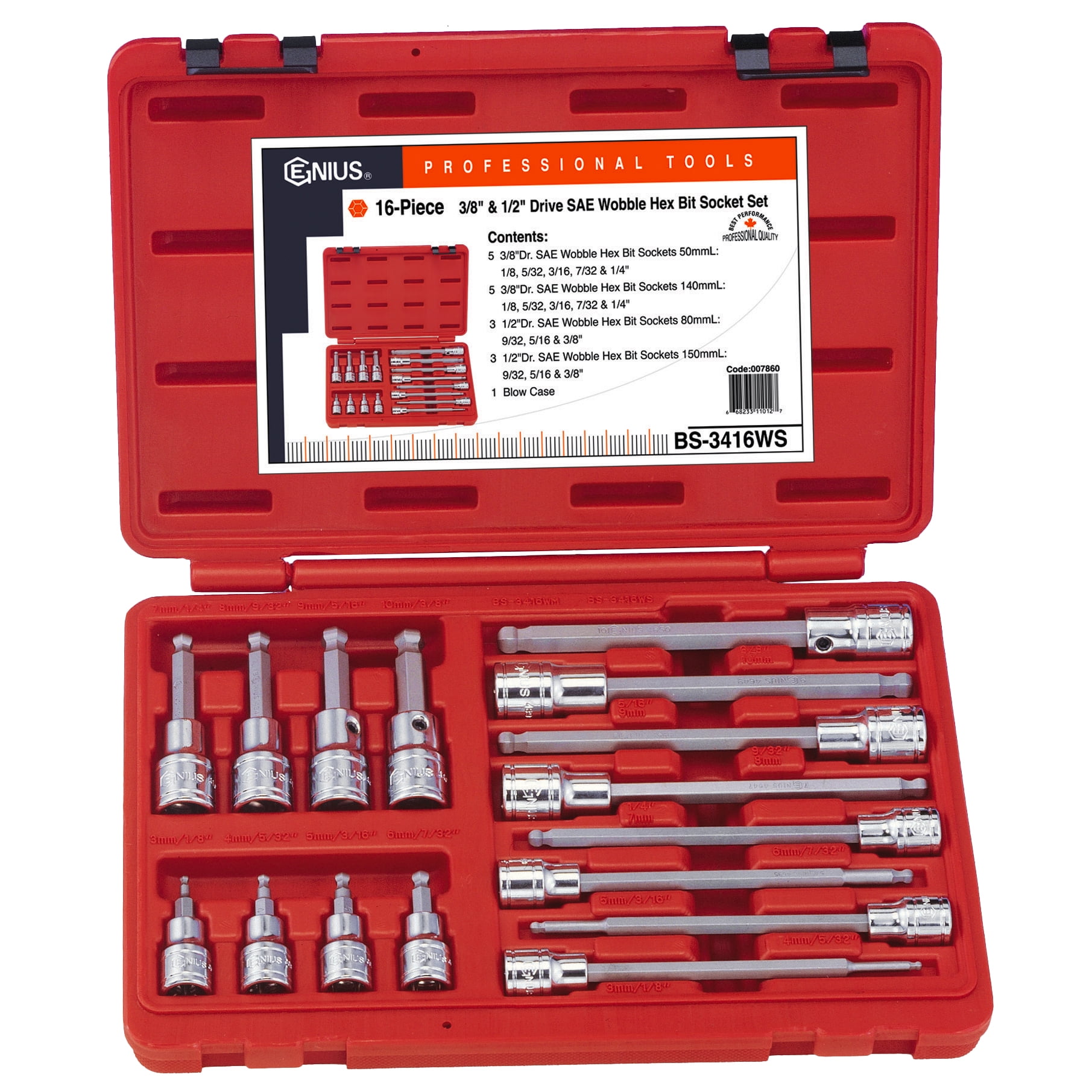 Genius Tools 16 Piece 3/8" & 1/2" Dr. SAE Wobble Hex Bit Socket Set ...