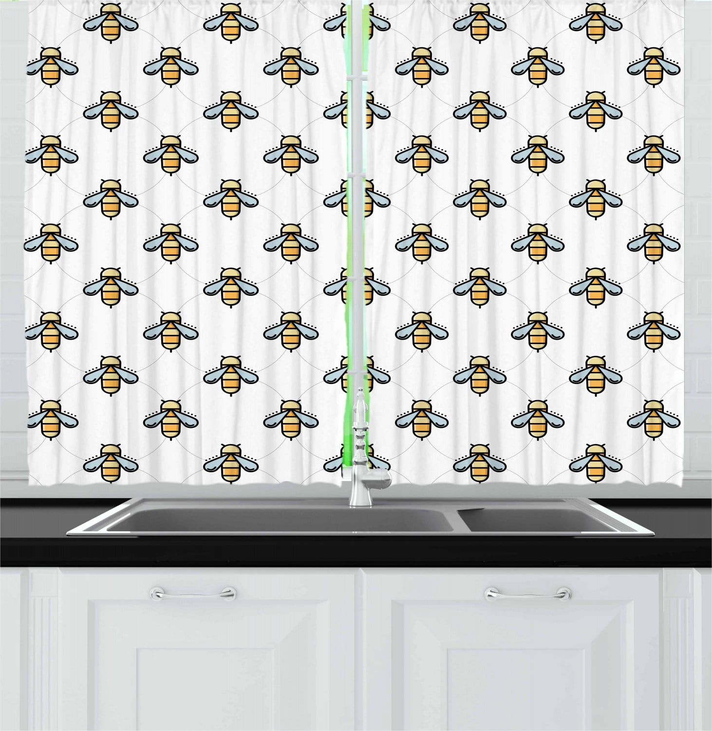 Bee Curtains 2 Panels Set, Graphic Artistic Sketch of BumbleBees with ...