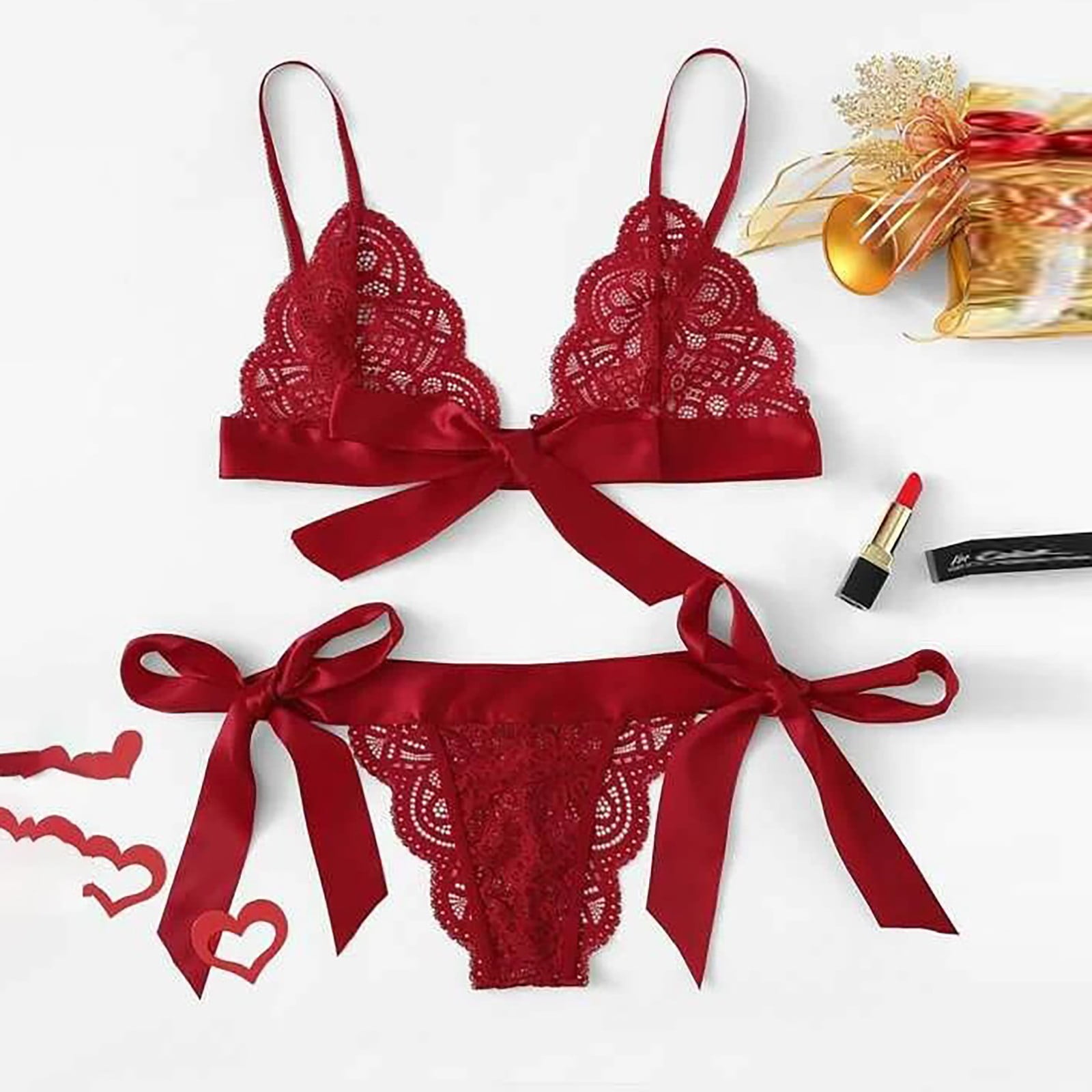 Dengdeng Sexy Lingerie For Women Lace Teddy Side Tie Bow Bra And Panty