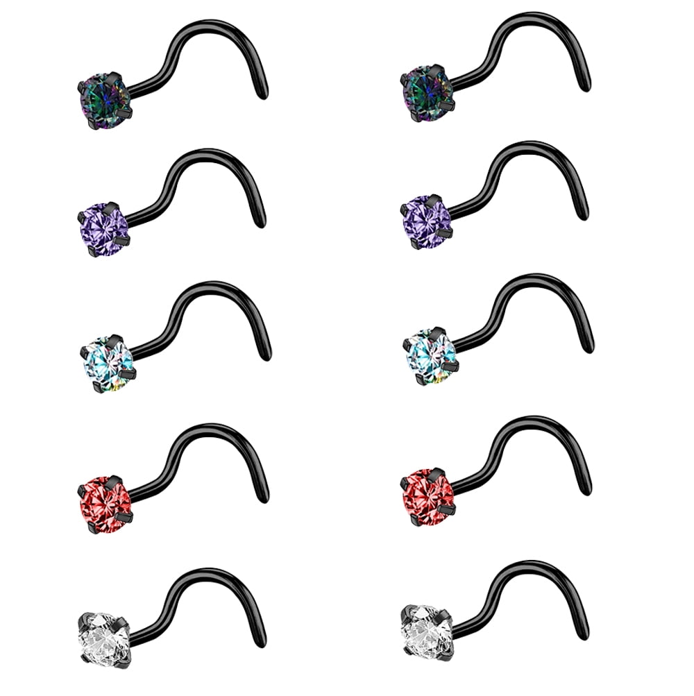 ZS 10Pcs 20g Claw Crystal Nose Ring Piercing Black Plated Nostril ...