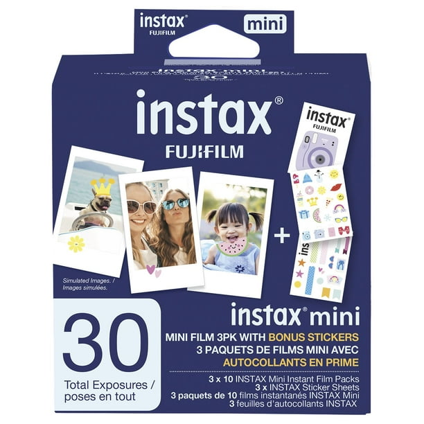 Fujifilm Instax Mini Film 3 Pack (30 exposures) with BONUS Stickers, 30 ...