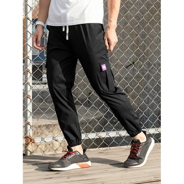 Men Letter Patched Detail Flap Pocket Drawstring Waist Cargo Pants 2022