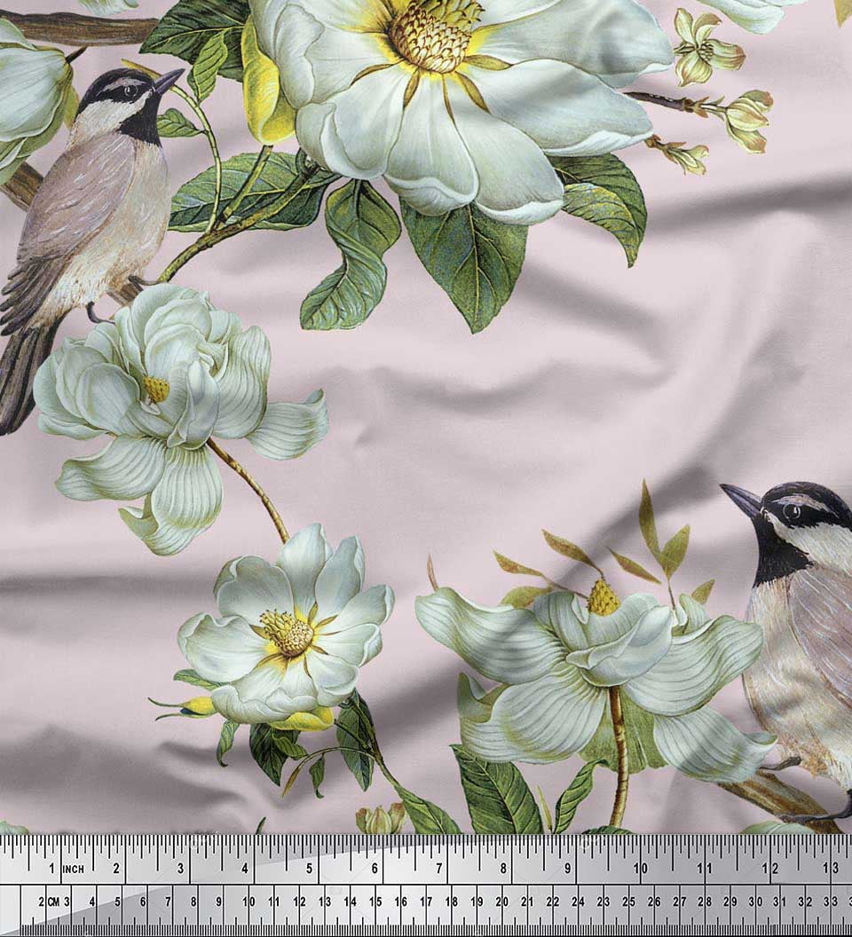 Soimoi Pink Satin Silk Fabric Leaves,White Floral & Bird Print Fabric ...