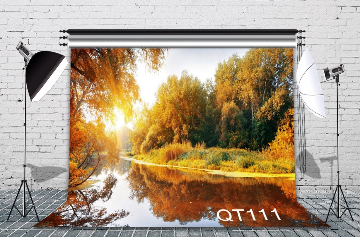 HelloDecor Polyester Fabric 7x5ft The Lush Green Lake Autumn Scenery ...
