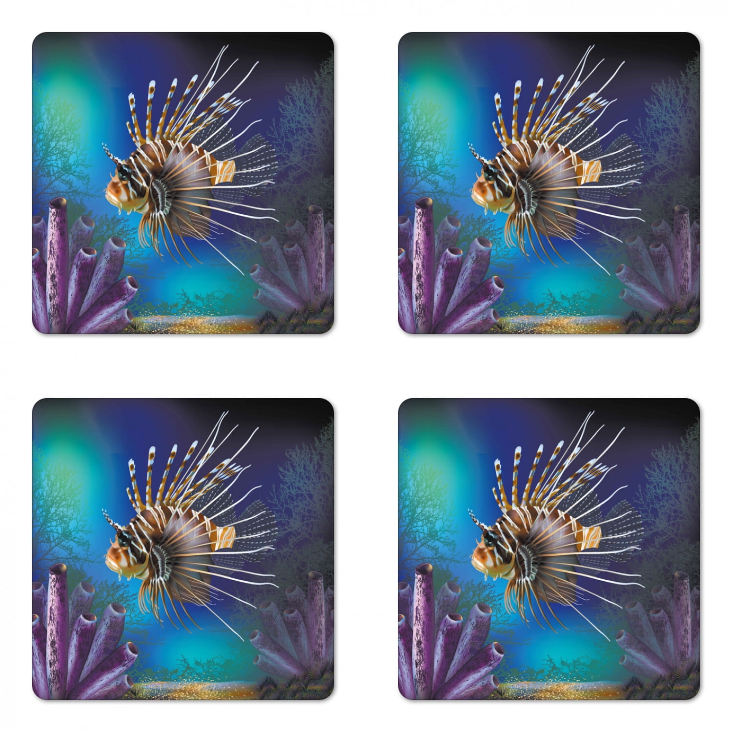 Ocean Coaster Set of 4, Underwater World Exotic Bubble Fish and Plants ...