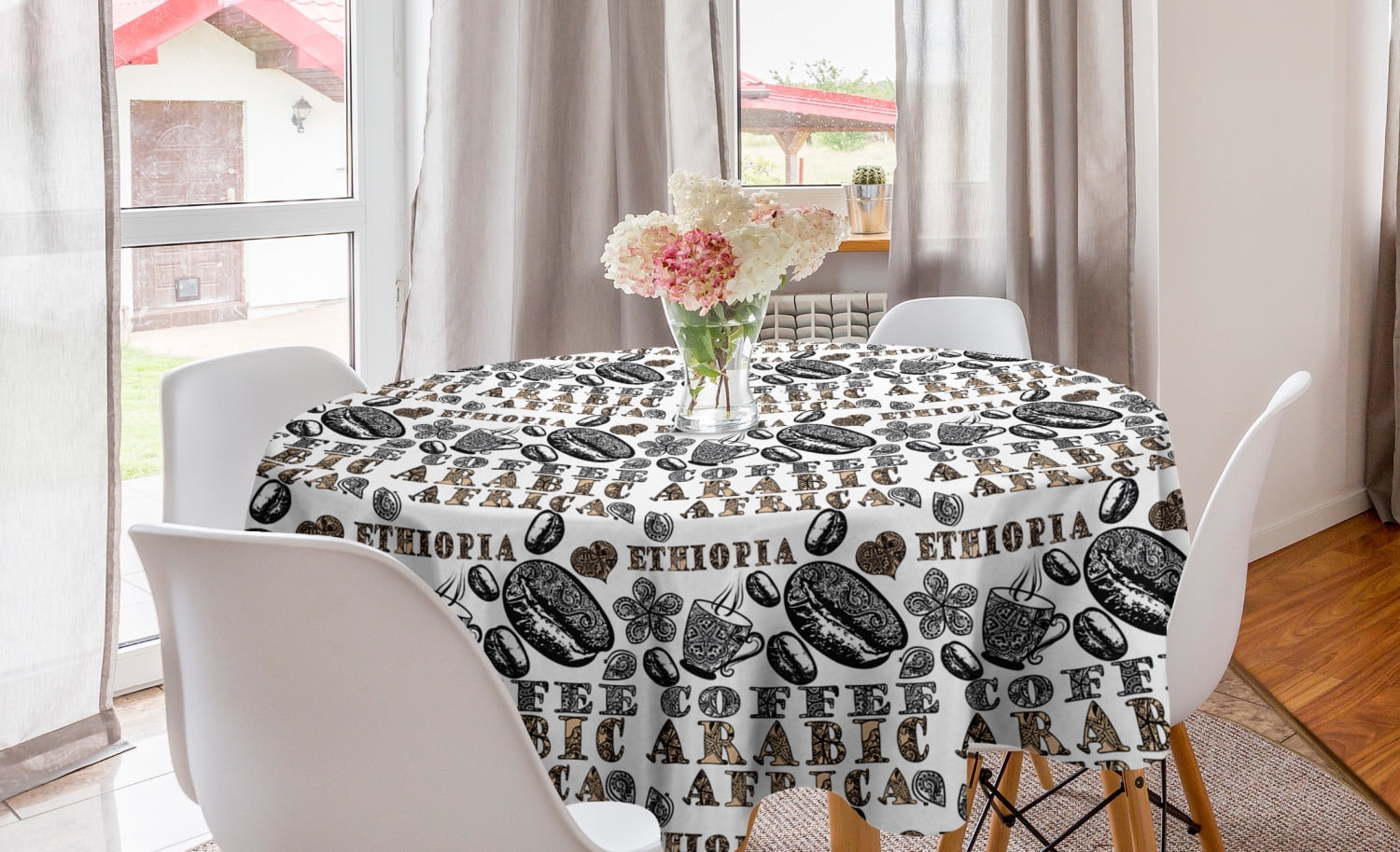 Modern Round Tablecloth, Coffee Beans with Ornamental Words Ethiopians ...