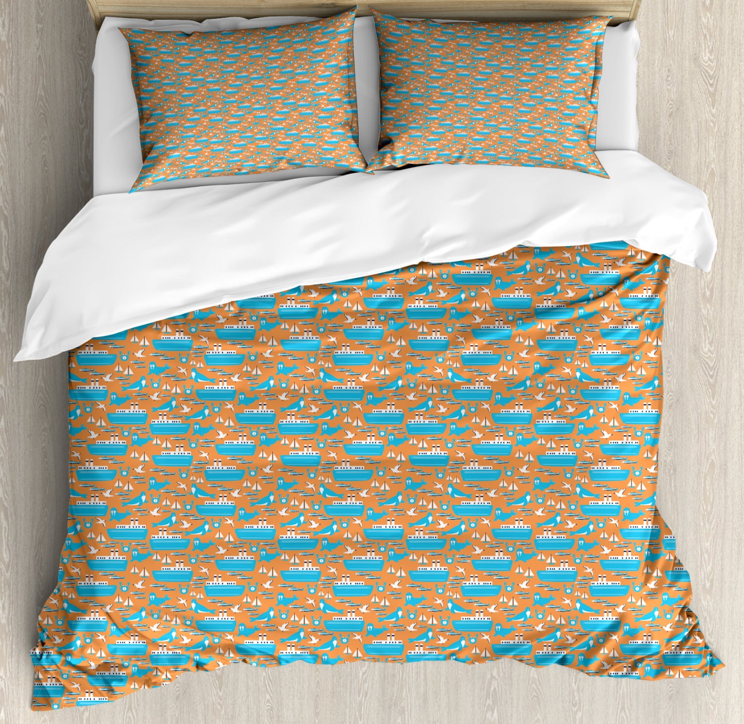 Marine Duvet Cover Set Queen Size, Sea Animals Seal Crab Seagull and ...
