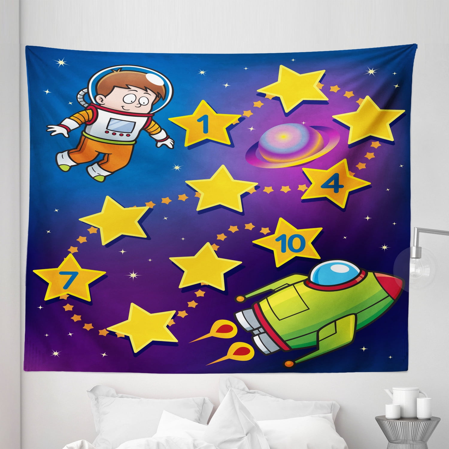 Cartoon Activity Tapestry, Space Themed Numbers Game Astronaut Reaching ...