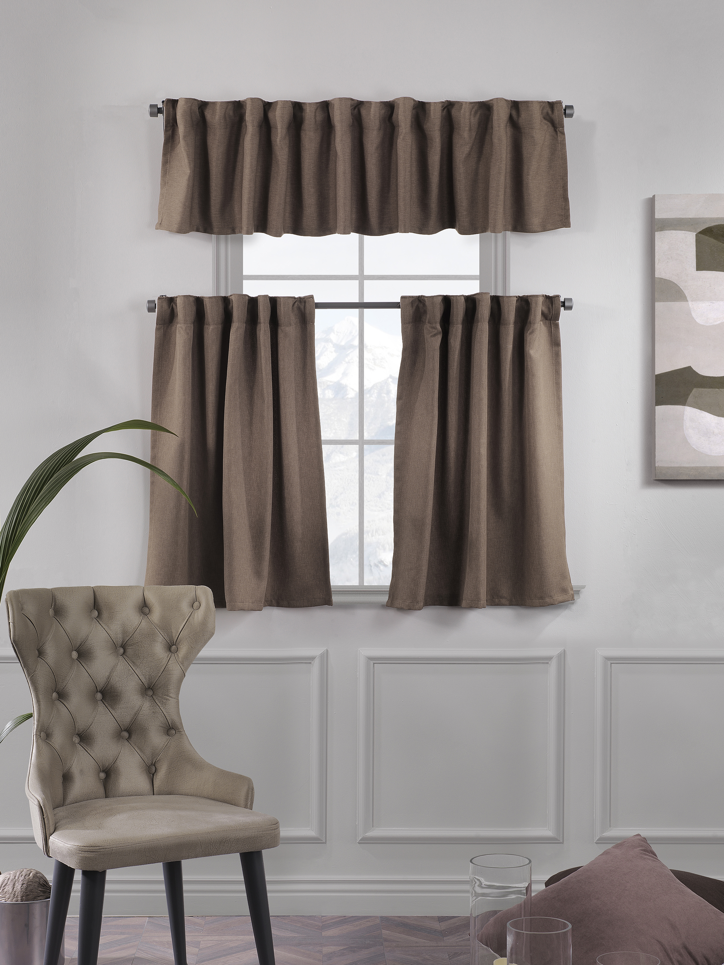 3S Brother's Solid Linen Look Curtains Drapes Kitchen Valance Set of 3 Hanging Rod Pocket Window ...